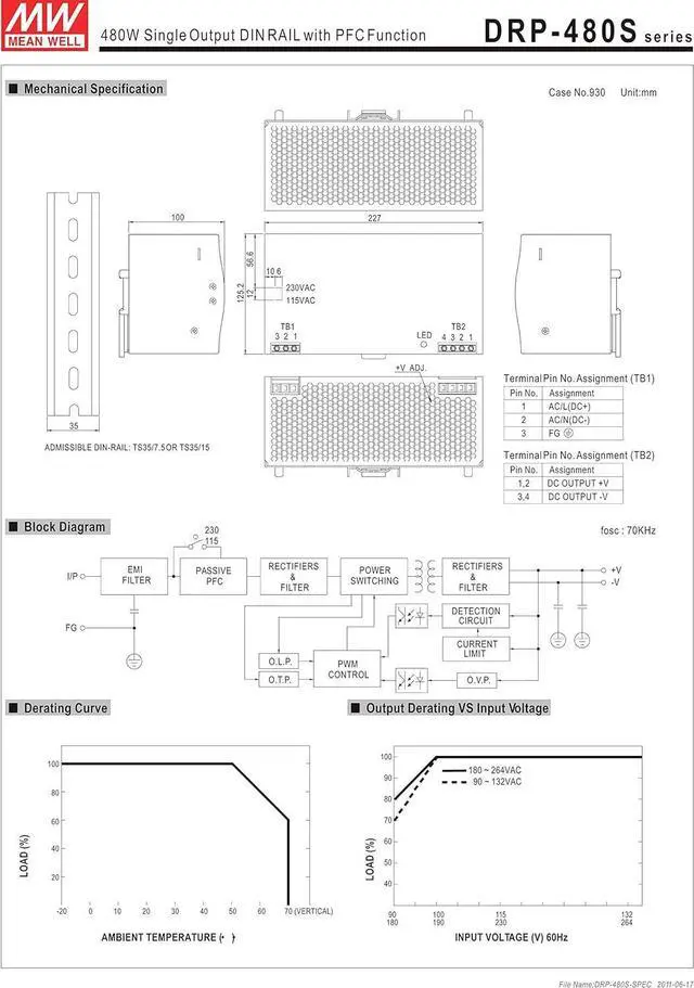 MW Mean Well DRP-480S-24 24V 20A 480W Single Output Industrial DIN Rail ...