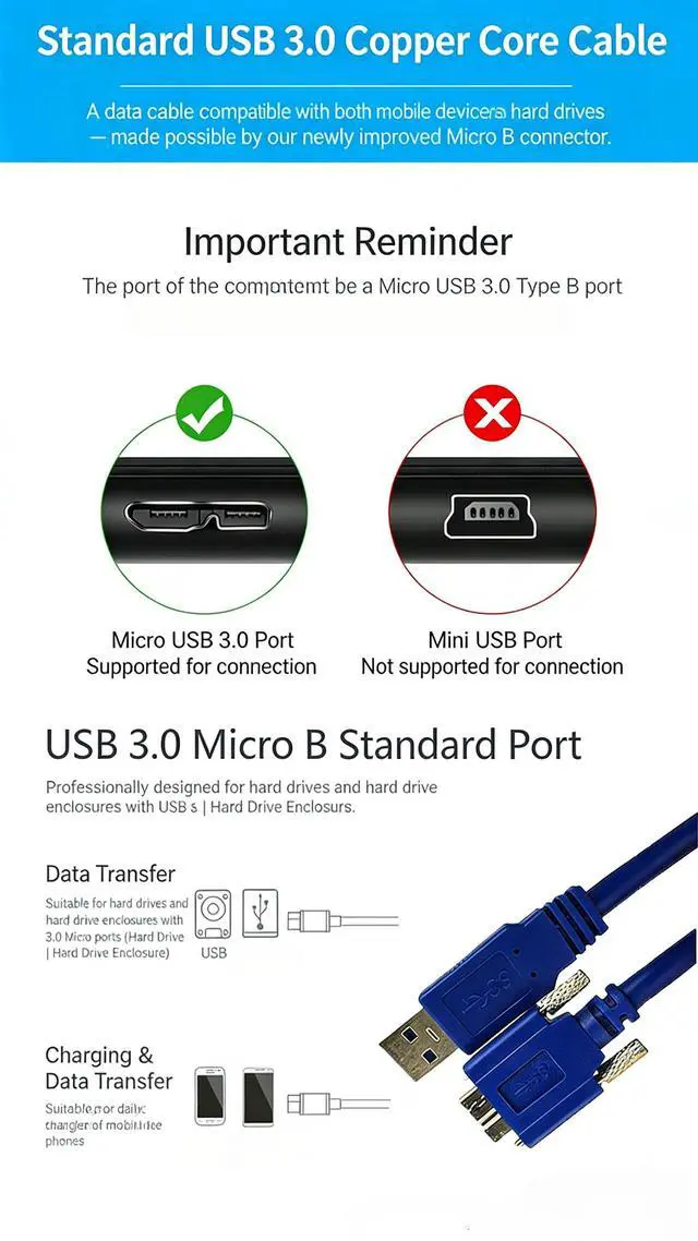 Aomoproing 0.98FT/0.3M USB 3.0 to Micro B/M Cable, Dual Screw Locking ...