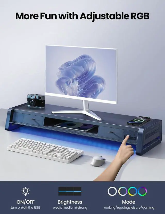 All-in-One Dual Monitor Stand Riser with 2 Drawers, 8USB Ports and ...