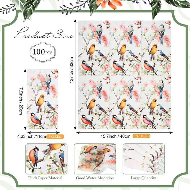 200 Pcs Spring Floral Bird Guest Napkins 3 Ply Vintage Themed Guest ...