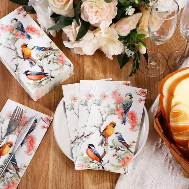 200 Pcs Spring Floral Bird Guest Napkins 3 Ply Vintage Themed Guest ...