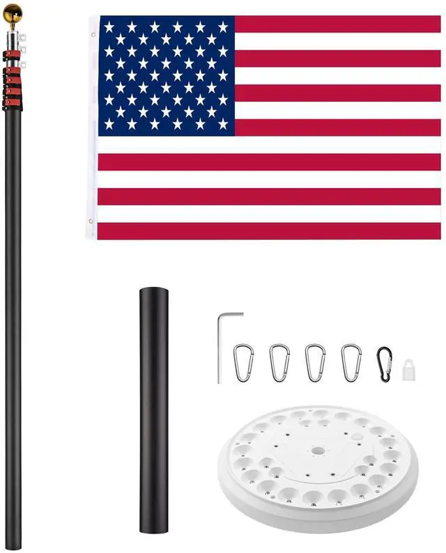 EZ GO 30 Ft Telescopic Flag Pole Kit with 26 LED Solar Light US Flag ...