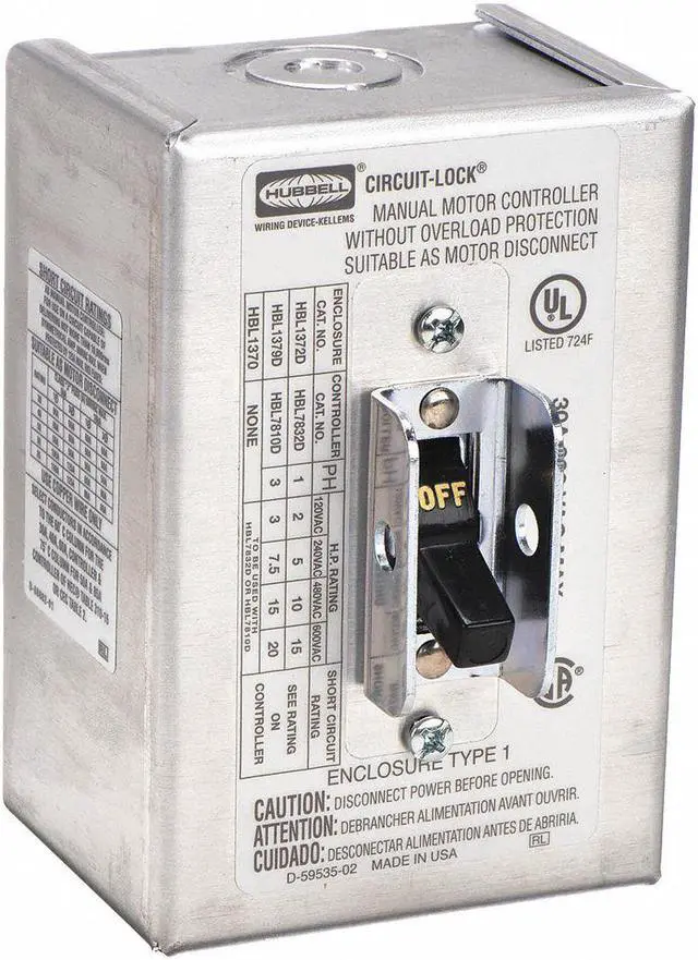 HUBBELL WIRING DEVICE-KELLEMS HBL1372D Manual Motor Switch,30A,600VAC ...