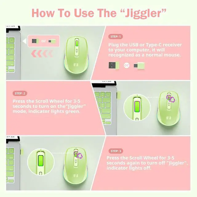 Wireless Mouse with Jiggler - Light Up USB C Mouse USB&Type C Receiver ...