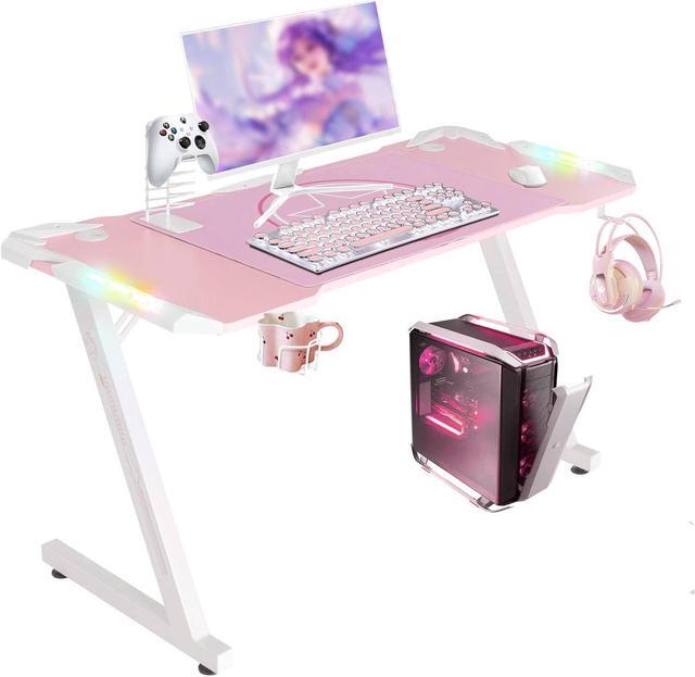 53 Inch Pink Gaming Desk Gaming Computer Desk with RGB LED Light Large Z Shape Racing