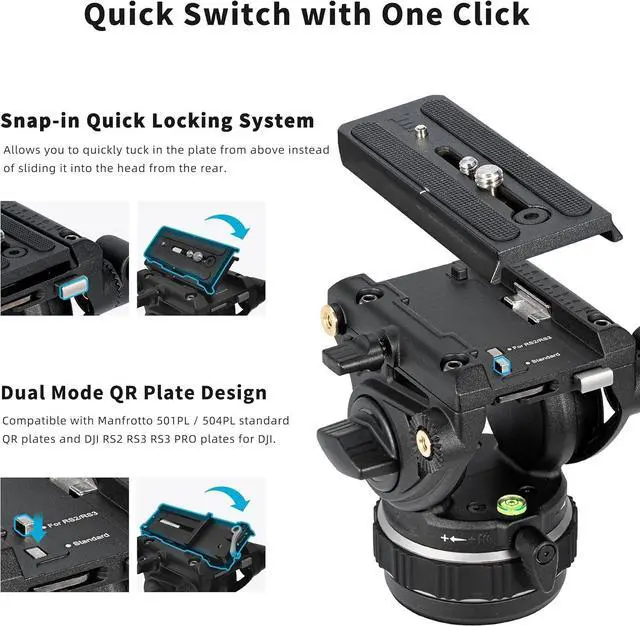 K10 Pro Video Fluid Head with 75mm Flat Base, Adjustable Pan Drag and ...