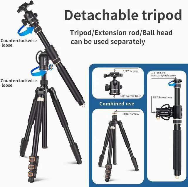 86.6 inch Camera Tripod Monopod with Center Column and Ball Head ...