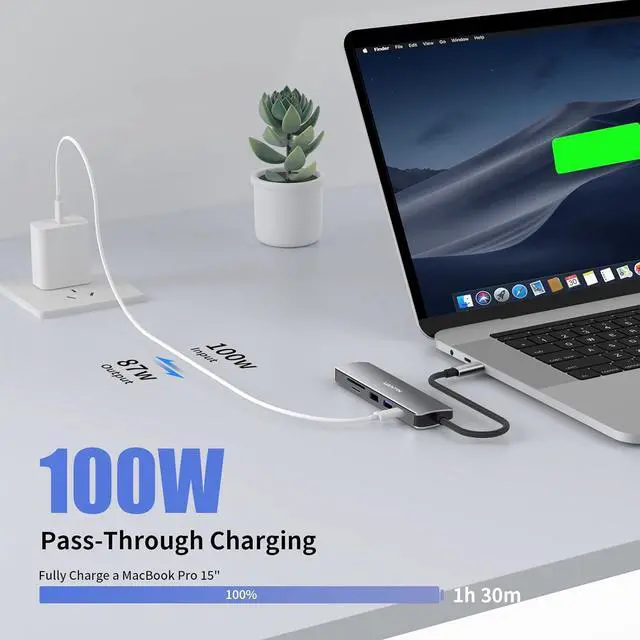 USB C Hub with 4K HDMI,100W Power Delivery,2 USB-A Data Ports,SD/TF ...