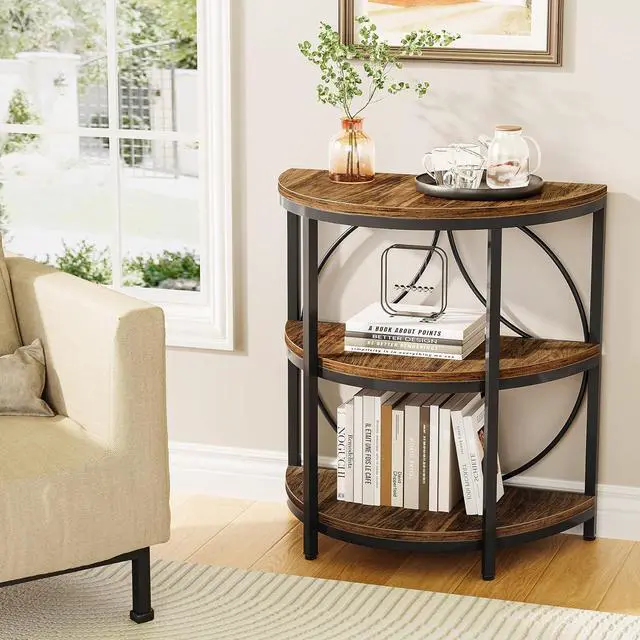 LITTLE TREE Half Round End Table, 3-Tier Narrow Side Table with Metal Frame, Half Circle Table ...