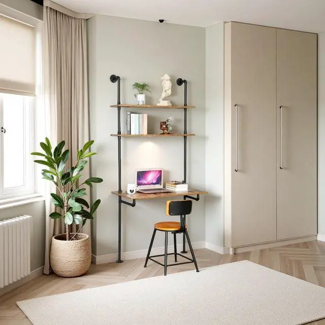 ZIOTHUM Industrial Wall Mount Desk with Shelves, Ladder Style Computer ...