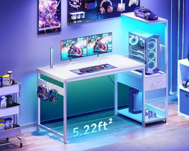 Casaottima 48 Inch Gaming Desk with Storage & LED Lights, Reversible ...