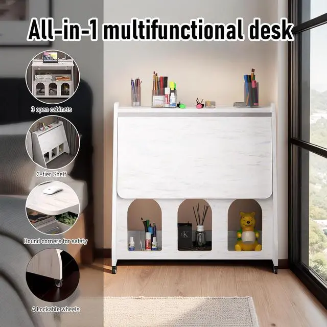 Pmnianhua Farmhouse Portable Desk on Wheels,Mobile Workstation,Rolling ...