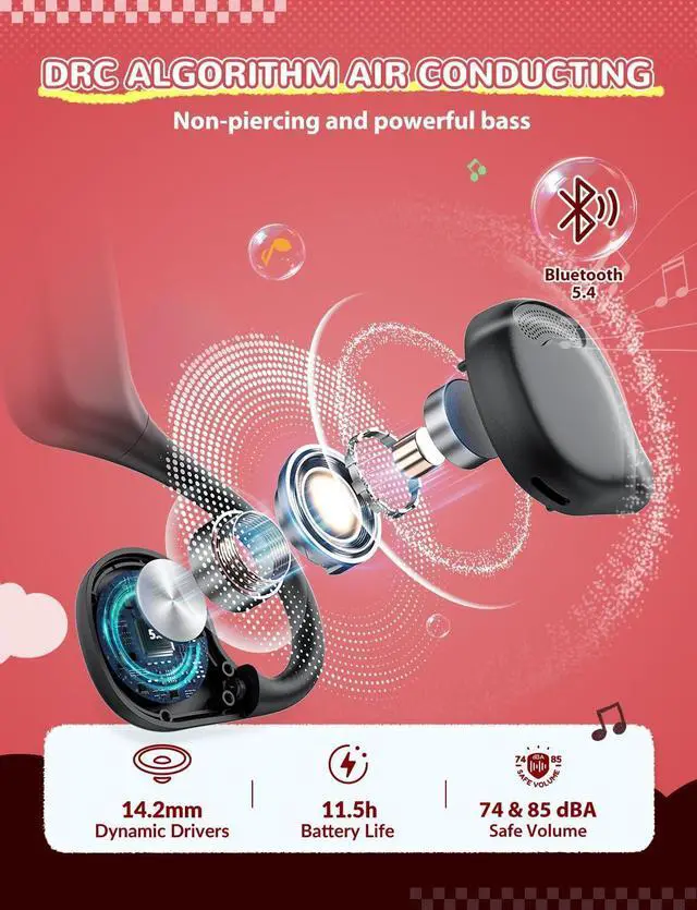 iClever Kids Headphones, Bluetooth 5.4 Air Conduction Open Ear ...