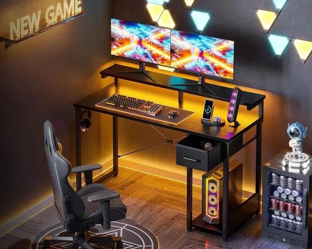 Gaming Desk with LED Lights & Power Outlet, 40 Inch Computer Desk with ...