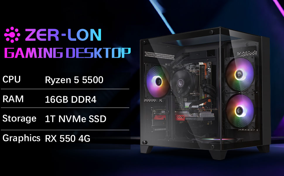 Gaming PC Desktop Computer, AMD Ryzen 5 5500 up to 4.2GHz, Radeon RX ...