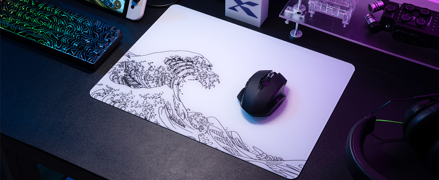 Glass Gaming Mouse Pad, White Kanagawa Hard Mousepads for Gaming ...
